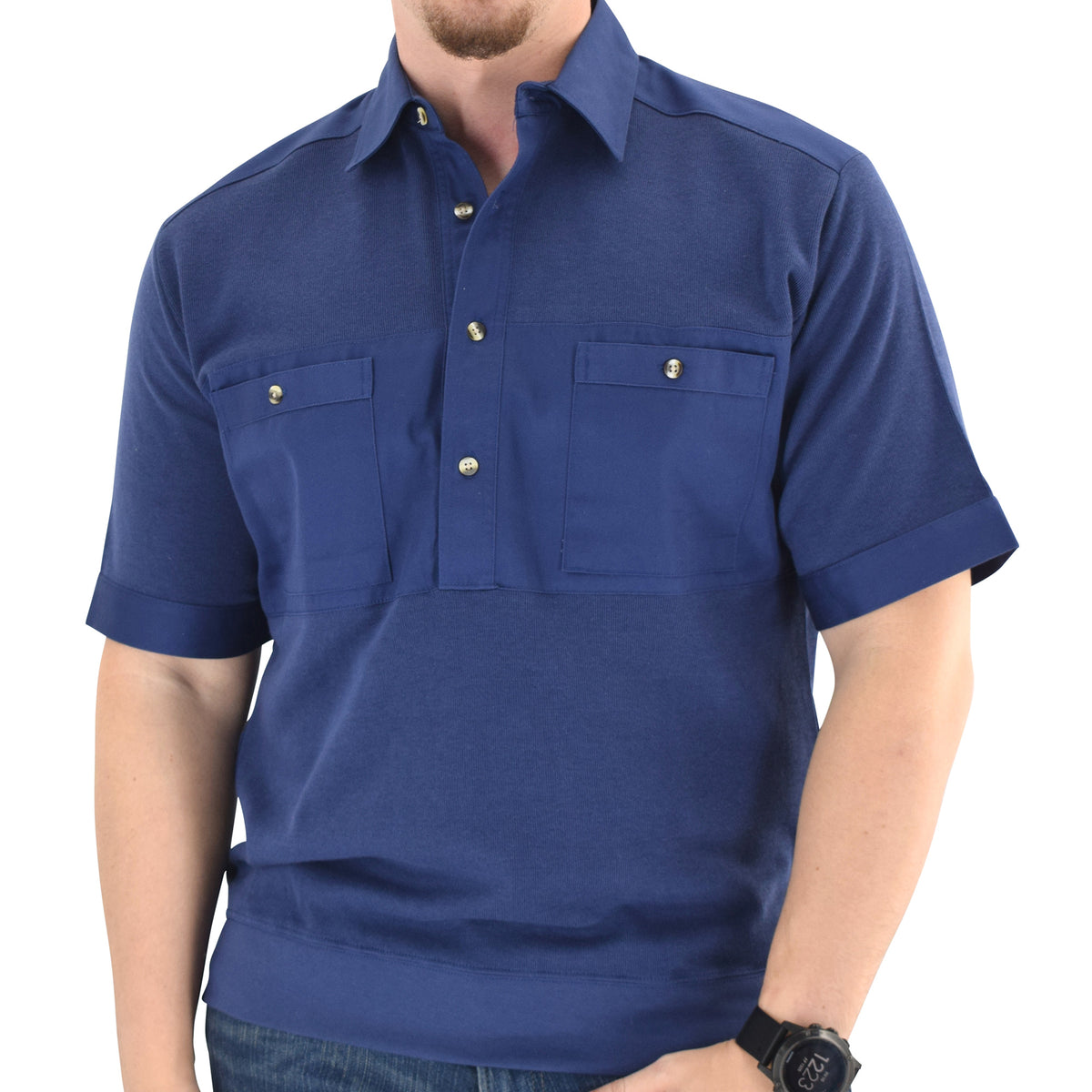 Solid Knit Banded Bottom Shirt with Woven Chest Panel - Navy – bandedbottom
