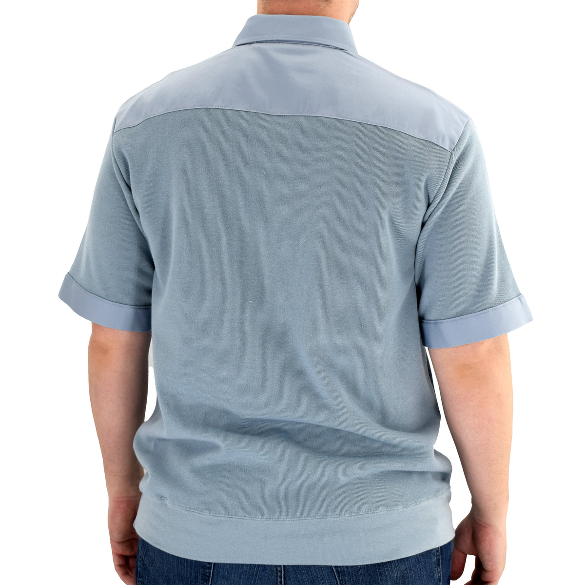 Solid Knit Banded Bottom Shirt with Woven Chest Panel - Chambray ...